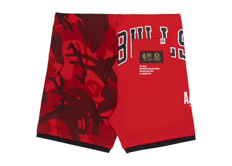 BAPE x NBA Style Ape Face Camo Chicago Bulls Sweat Shorts Bright Red ...