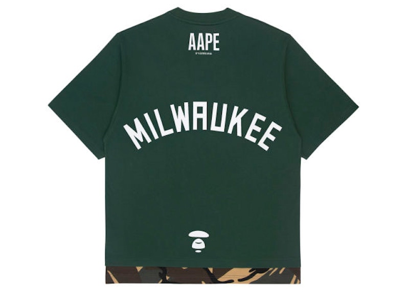 BAPE x NBA Style Ape Face Milwaukee Bucks Basketball Tee Army Camo Men ...
