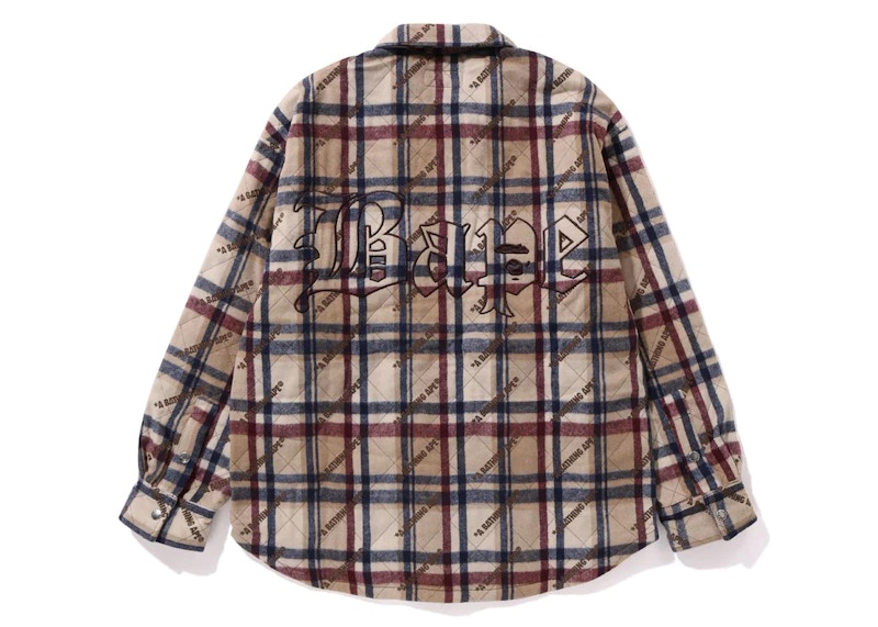 BAPE A Bathing Ape Logo Check Pattern Padded Flannel Shirt Jacket Beige ...