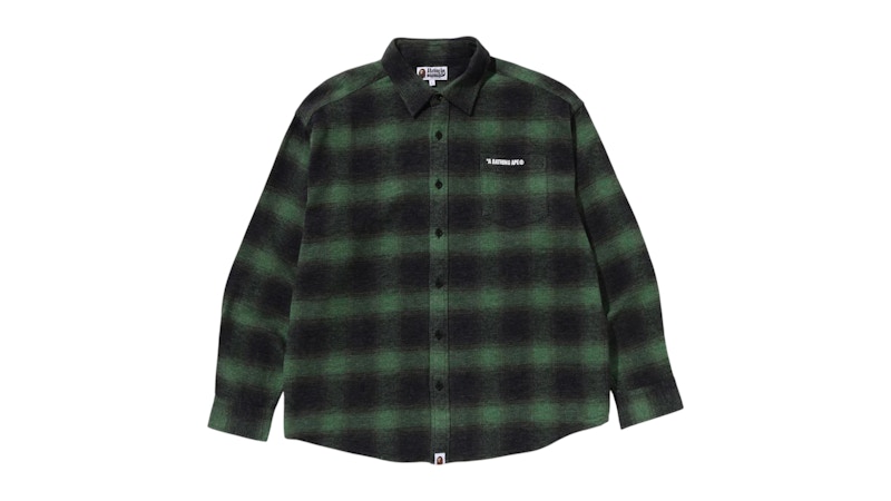 BAPE A Bathing Ape Logo Ombre Check Flannel L/S Shirt Green Men's ...