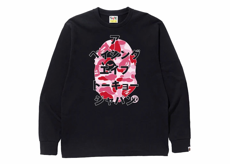 BAPE ABC Camo Japanese Letters Long Sleeve Tee Black/Pink Men's - SS24 - US