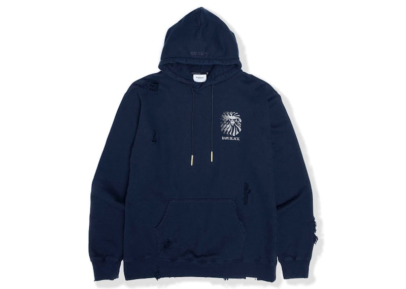 BAPE BLACK Label Logo Distressed Hoodie Navy Men's - FW22 - US