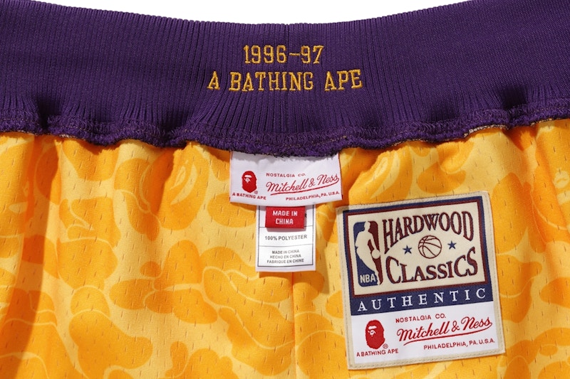 BAPE x Mitchell & Ness Lakers ABC Basketball Authentic Shorts Yellow ...