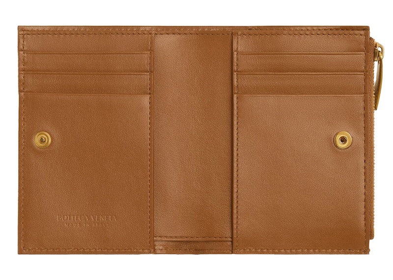 Bottega Veneta Small Bi-Fold Zip Wallet Intreccio Wood in Lambskin with ...