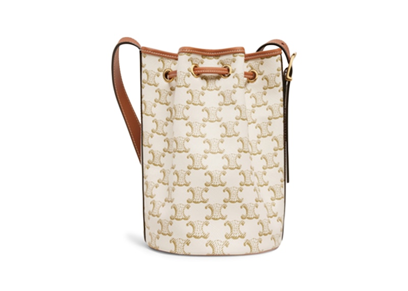 Celine Drawstring Bag Small Triomphe White in Coated Canvas/Calfskin ...