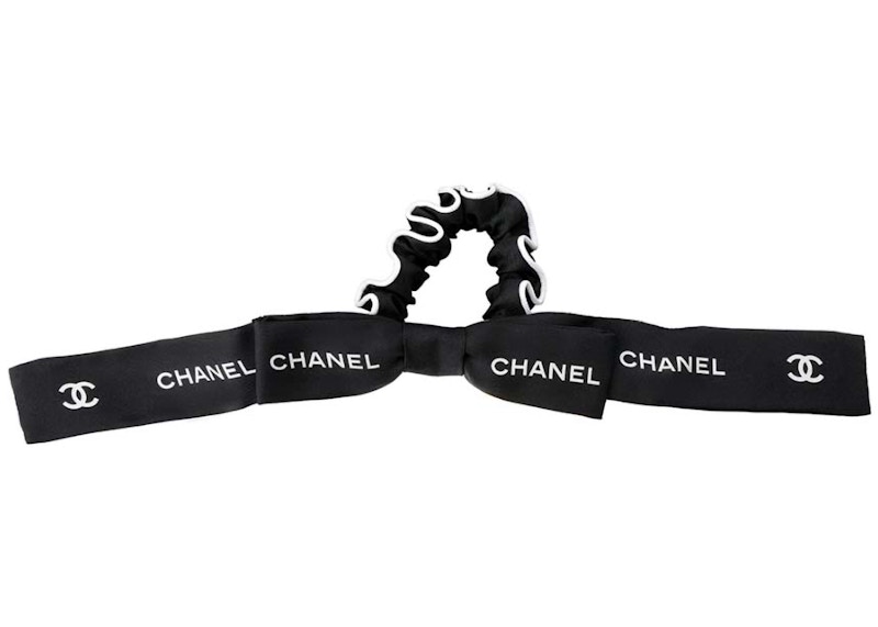 Chanel Bow Tie Hair Scrunchie Black/White in Silk - US