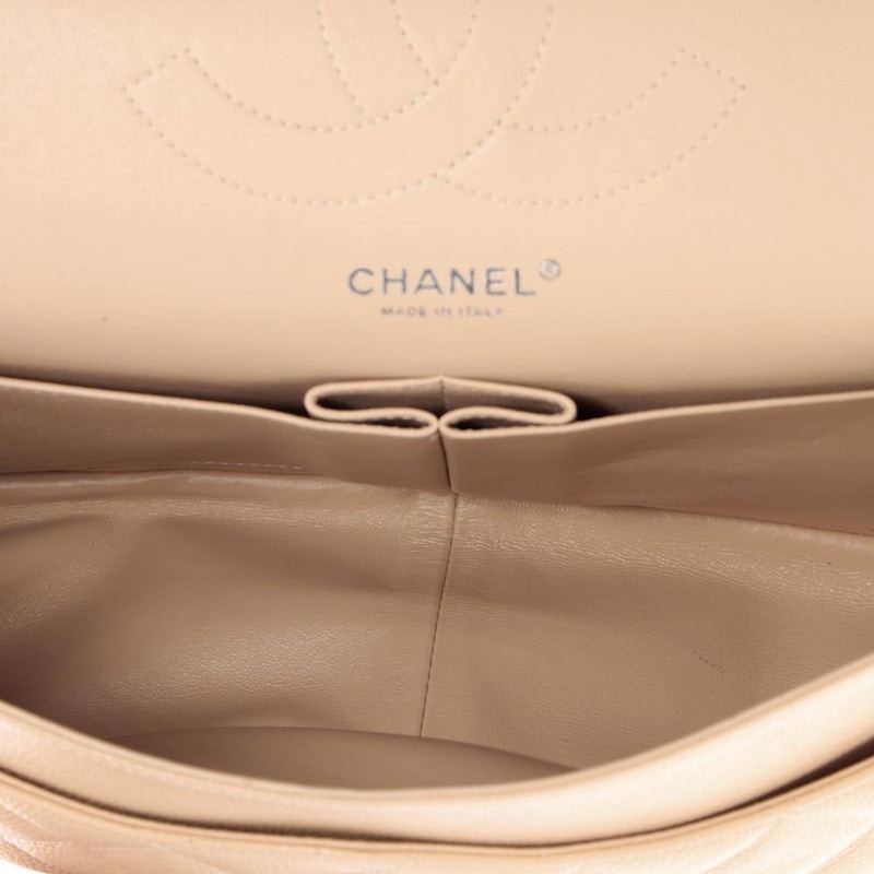 Chanel Double Classic Flap Quilted Diamond Medium Light Beige in Caviar ...
