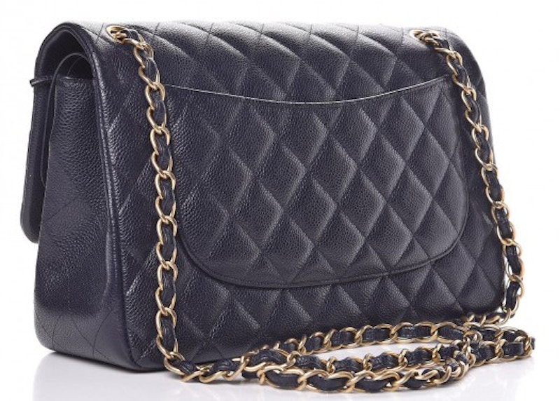 Chanel Classic Double Flap Quilted Caviar Gold-tone Jumbo Navy in ...