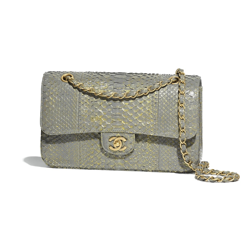 Chanel Classic Handbag Python Bronze-tone Gray in Python with Bronze ...
