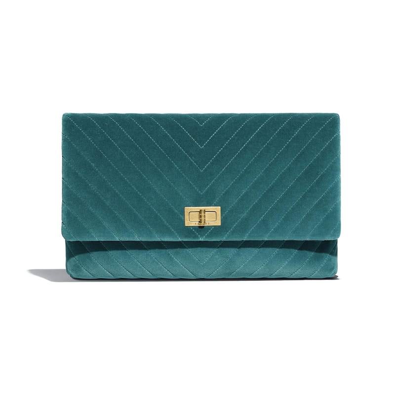 Chanel Clutch Quilted Chevron Gold-tone Turquoise in Velvet with Gold ...