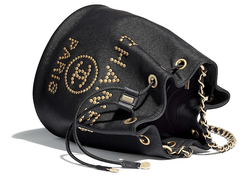 Chanel Drawstring Bag Gold-tone Small Black in Grained Calfskin with ...