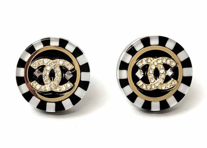 Chanel Round CC Logo Earrings Gold/Black/White (ABA113) in Acrylic with ...