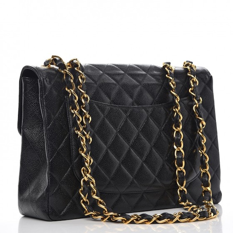 Chanel Single Flap Quilted Diamond Caviar Jumbo Black in Caviar with ...