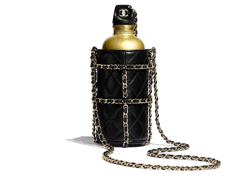Chanel Water Bottle in Box Black/Gold in Lambskin/Aluminum with Gold-tone