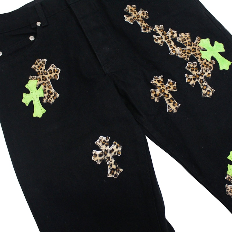 Chrome Hearts Green & Leopard Cross Patch Jeans Black Men's - US