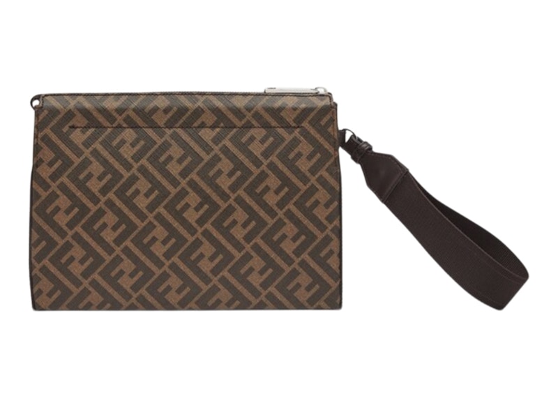 Fendi Clutch Pack FF Monogram Brown/Yellow in Fabric with Silver-tone - US