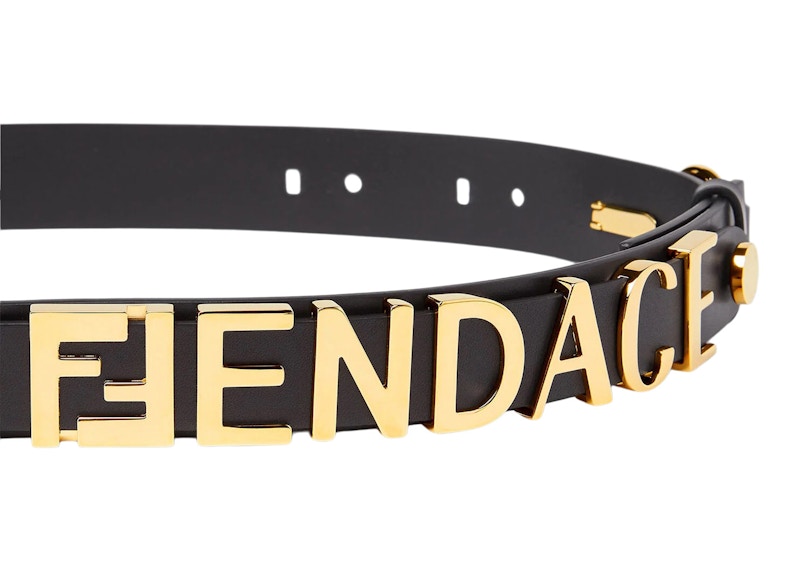Fendi Fendace Logo Belt Black/Gold in Leather with Gold-tone - US