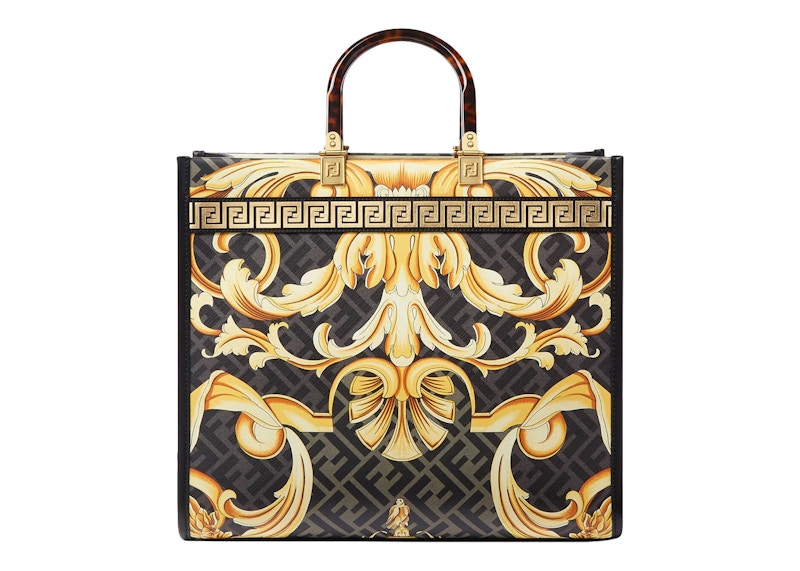 Fendi Fendace Sunshine Tote Bag Gold Baroque Print in Leather/Polyester ...