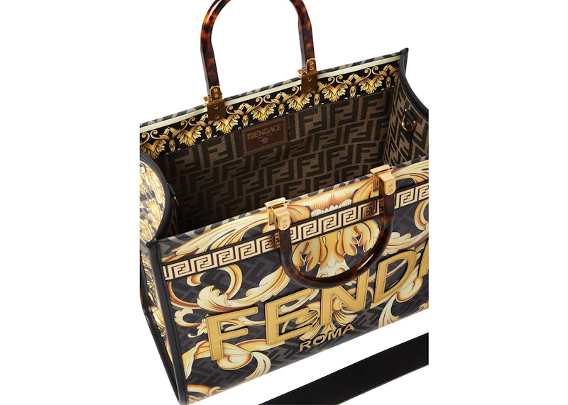 Fendi Fendace Sunshine Tote Bag Gold Baroque Print in Leather/Polyester ...