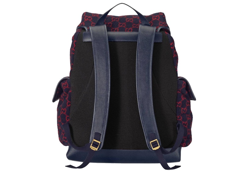Gucci Backpack GG Wool Large Blue/Red in Wool with Antique Gold-tone