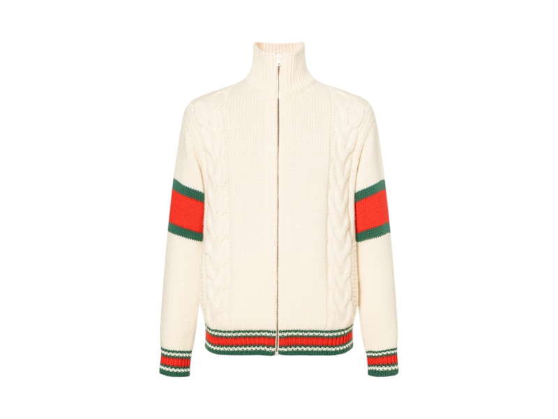 Gucci Cable Knit Bomber Jacket Beige Red White 男士 - TW