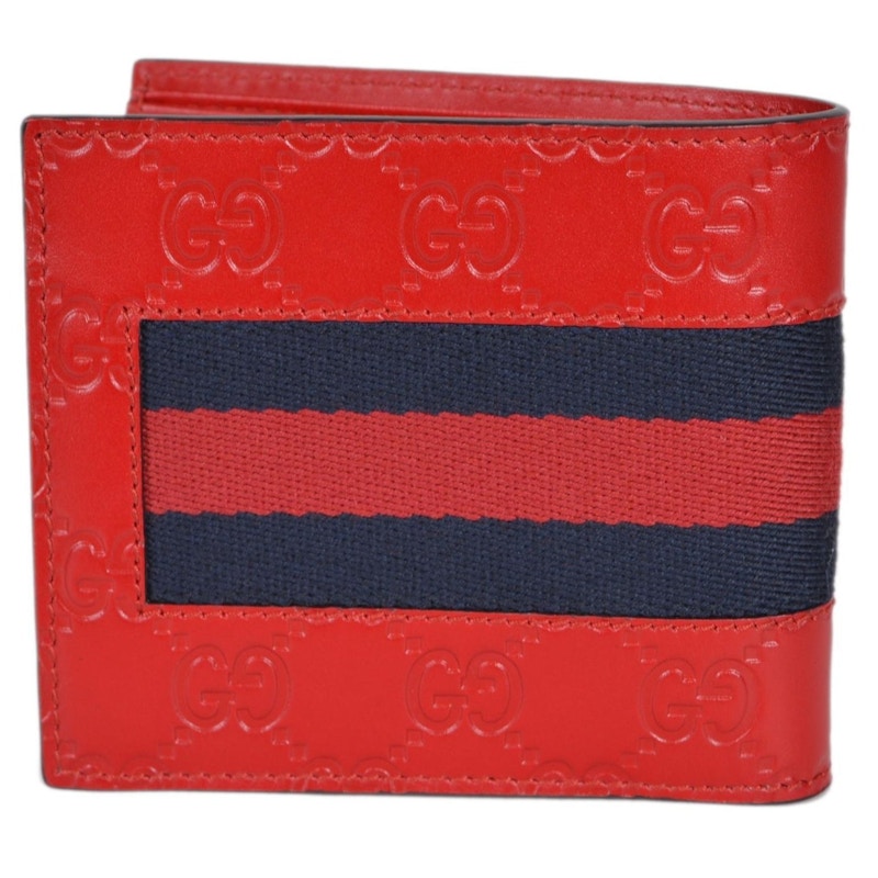 Gucci Coin Pouch Bifold Wallet Guccissima Web Hibiscus Red in Leather
