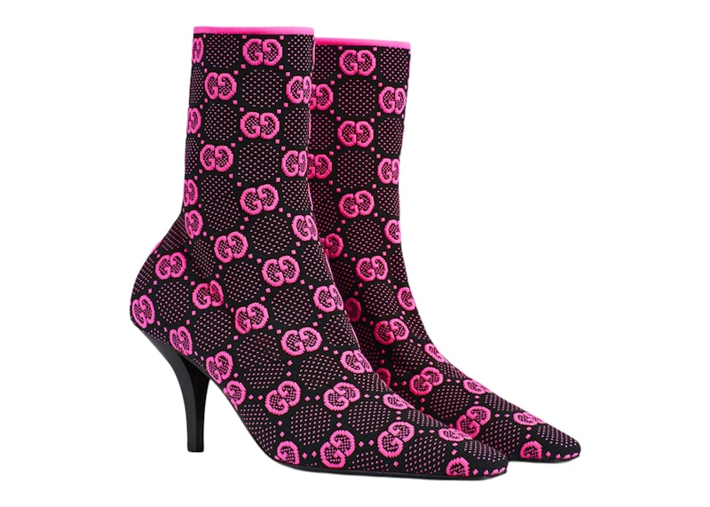 Gucci GG 75mm Knit Ankle Boots Black Fluorescent Pink Fabric - 718378 ...