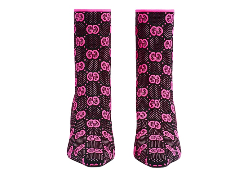 Gucci GG 75mm Knit Ankle Boots Black Fluorescent Pink Fabric - 718378 ...