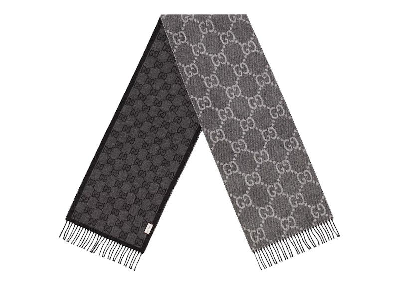 Gucci GG Jacquard Pattern Knit Scarf with Tassels Grey/Black in Wool - US