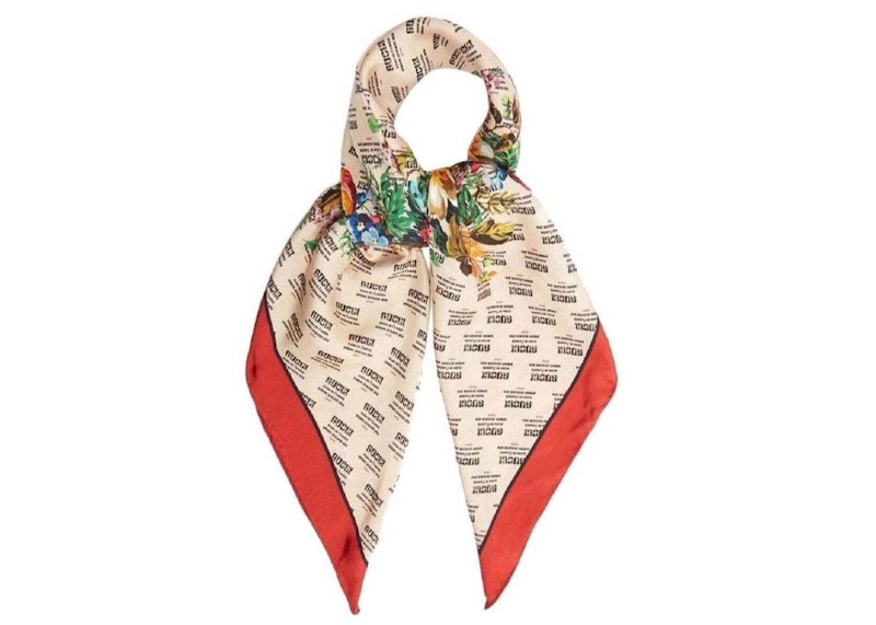 Gucci Logo Motif Floral Print Silk Scarf Beige/Red in Silk - US