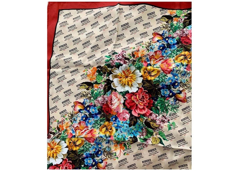 Gucci Logo Motif Floral Print Silk Scarf Beige/Red in Silk - US