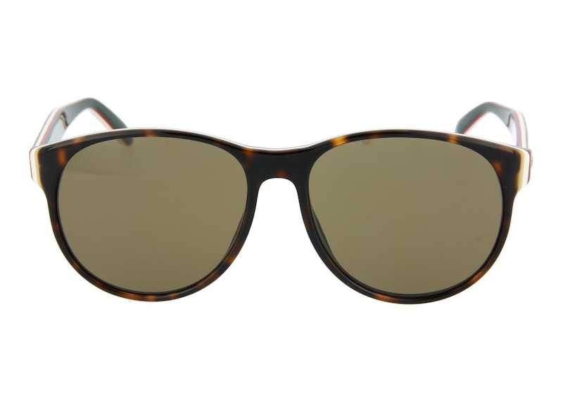 Gucci Round Frame Acetate Sunglasses Shiny Metalic Havana/White/Red ...