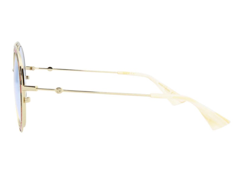 Gucci Round-Frame Leather Sunglasses Red/Gold/Light/Blue (GG0061SLEA ...