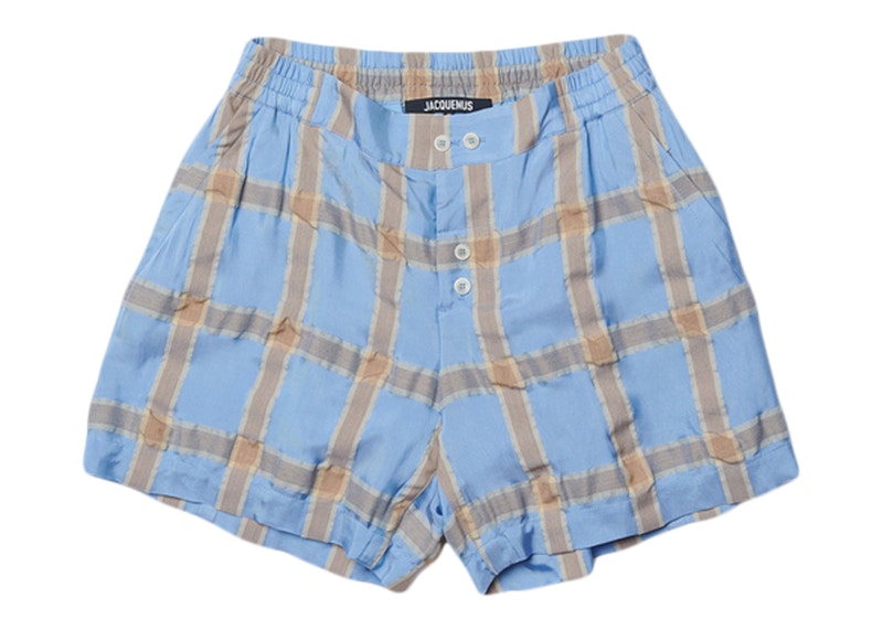 Jacquemus Le Short Calecon Crinkled Check Elasticated Shorts Blue/Beige ...