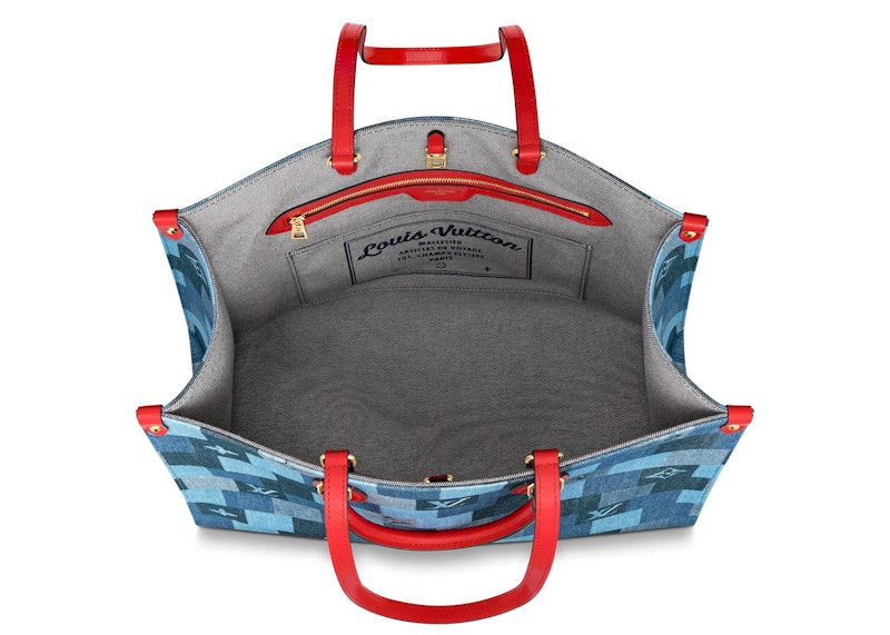 Louis Vuitton Onthego GM Denim Monogram Check Blue/Red in Denim Canvas ...