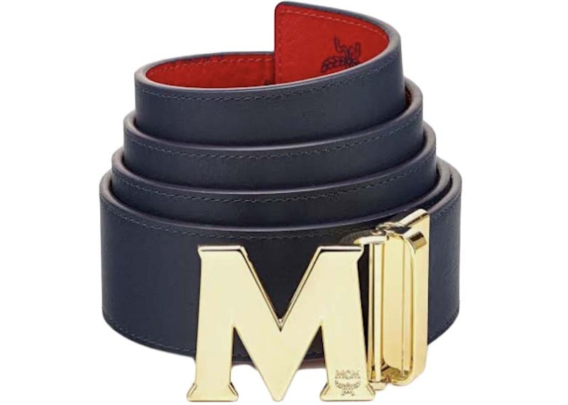 MCM Claus M Reversible Belt Visetos Ruby Red/Blue in Leather with Gold ...