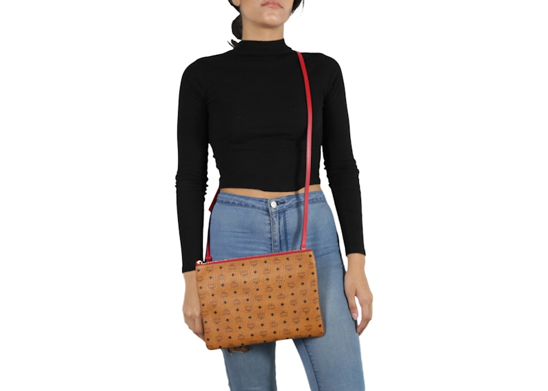 MCM Liz Pouch Visetos Red Strap Large Cognac in Coated Canvas with Gold ...