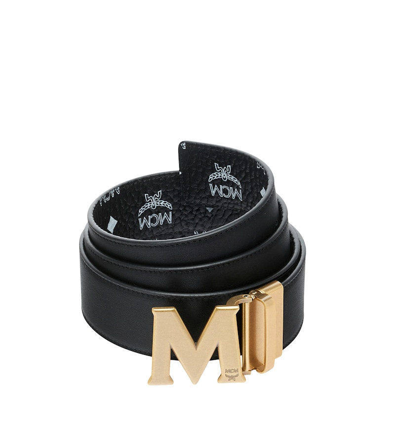 MCM M Reversible Belt White Visetos Antique Gold 1.75" Black in Coated ...