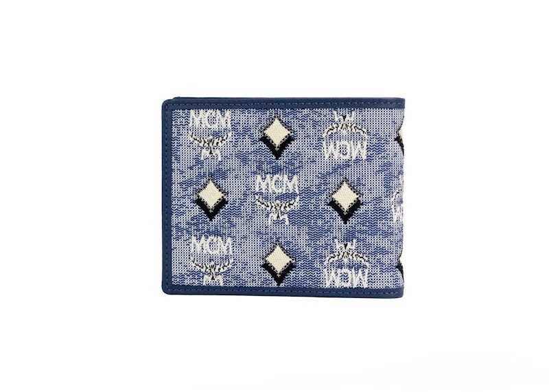 MCM Veritas Small Vintage Denim Monogram Logo Bifold Wallet Blue in ...