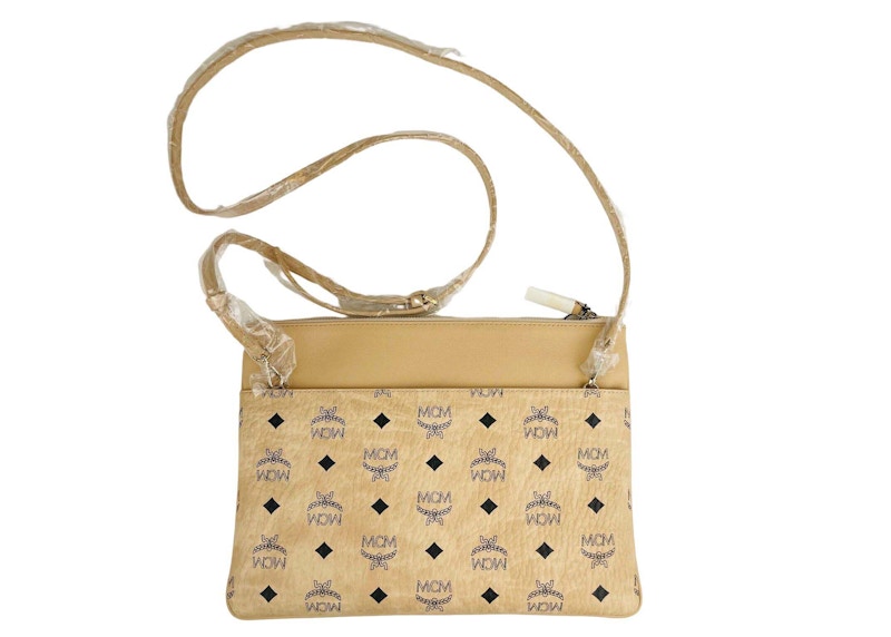 MCM Visetos Crossbody Pouch Beige in Coated Canvas with Gold-tone - US