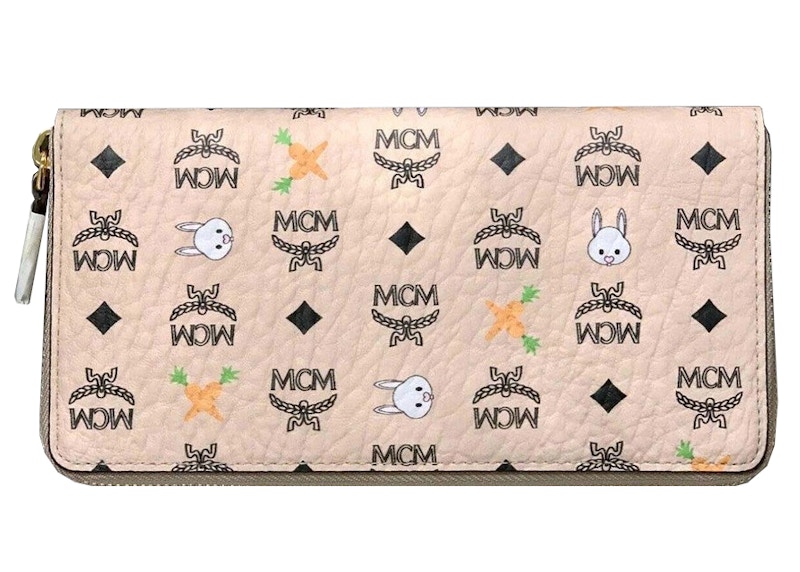 MCM Visetos Zip Around Rabbit Wallet Beige in Coated Canvas with Gold ...