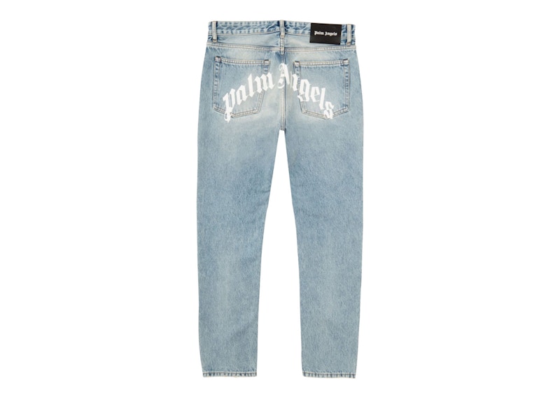 Palm Angels Curved Logo Print Straight Fit Jeans Light Blue/White Men's ...