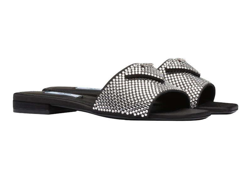Prada 10mm Crystal Slides Black Satin - 1XX608_2AWL_F0T7O_F_010 - US