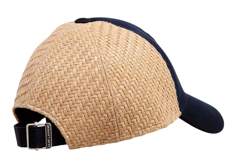 Saint Laurent Canvas and Raffia Baseball Cap Navy Blue/Taupe in Cotton ...