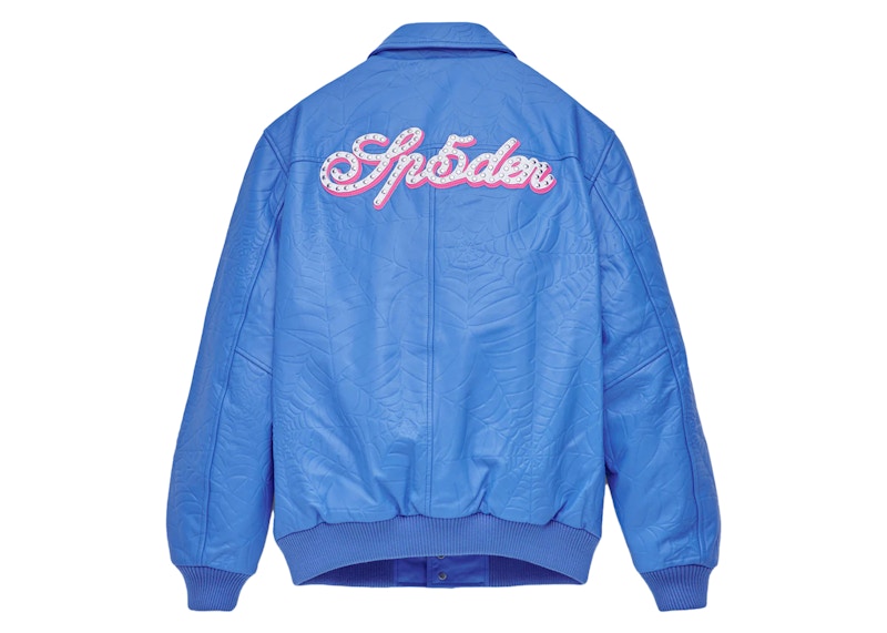 Sp5der Debossed Web Leather Jacket Blue Men's - SS24 - US