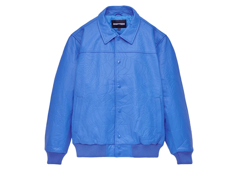 Sp5der Debossed Web Leather Jacket Blue Men's - SS24 - US