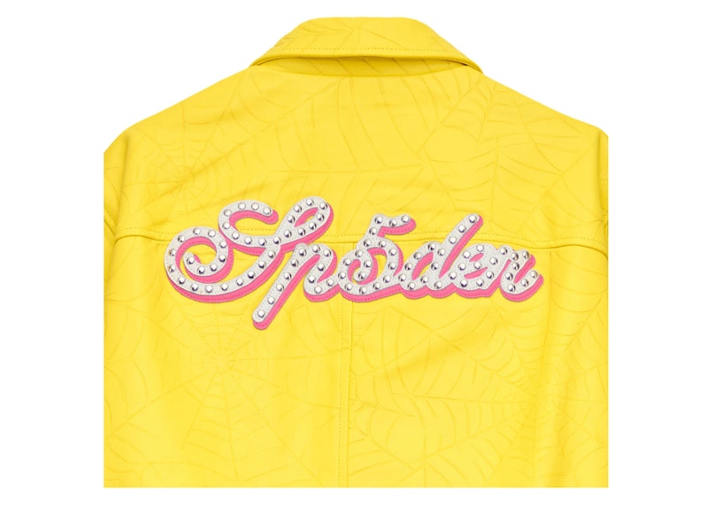 Sp5der Debossed Web Leather Jacket Yellow Men's - SS24 - US
