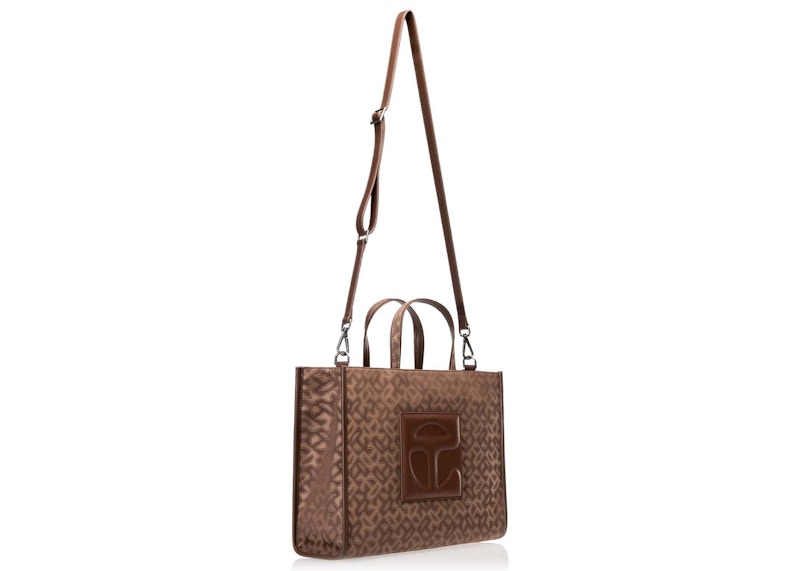 Telfar Medium Jacquard Shopper Tan Monogram in Polyester with Bronze ...
