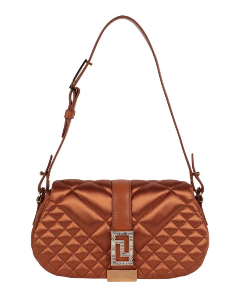 Versace Greca Goddess Quilted Satin Shoulder Bag Caramel in Nylon - US