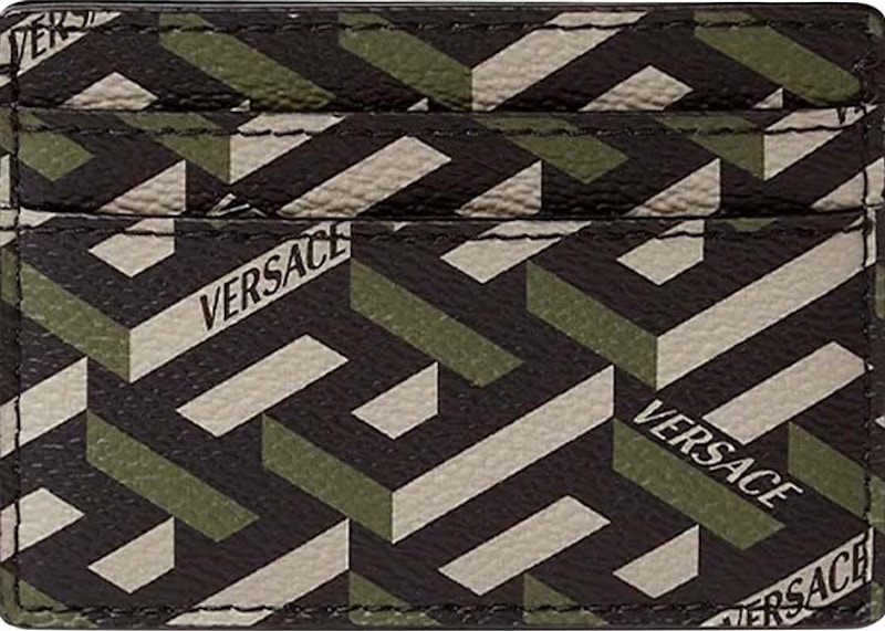 Versace La Greca Signature Card Case Black/Kakhi in Leather - US